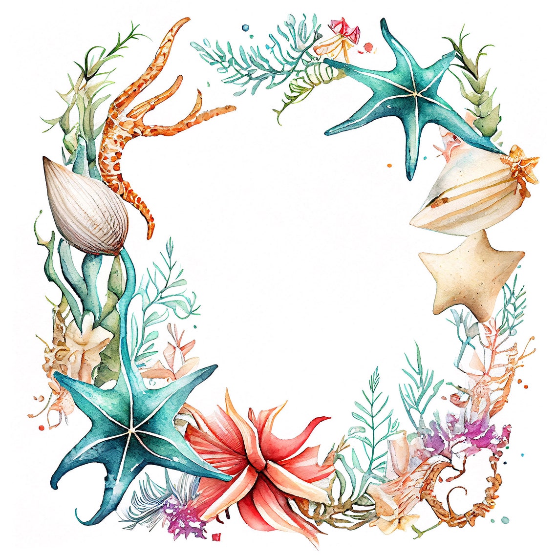 Watercolor Seastar Seashell Wreath Clipart 10 High Quality - Etsy