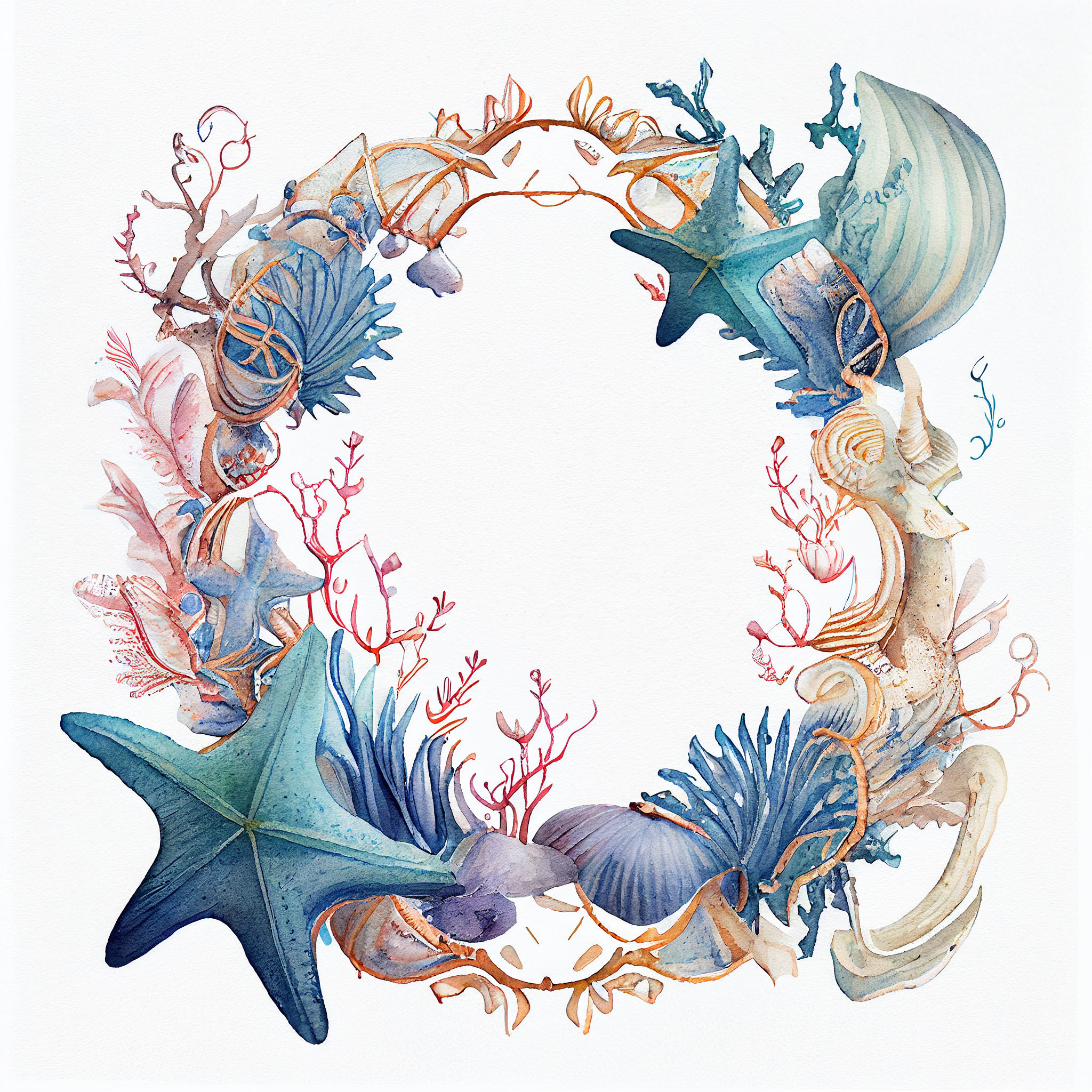 Watercolor Seastar Seashell Wreath Clipart 10 High Quality - Etsy