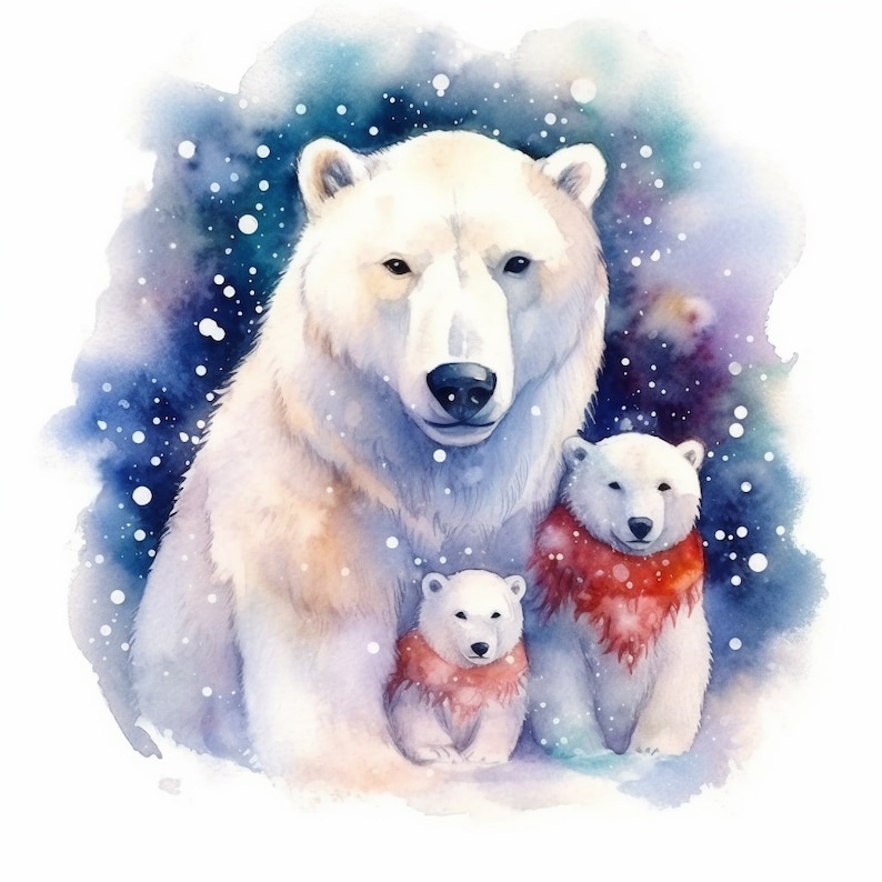 Watercolor Christmas Polar Bear Mom Babys Clipart, 12 High Quality ...
