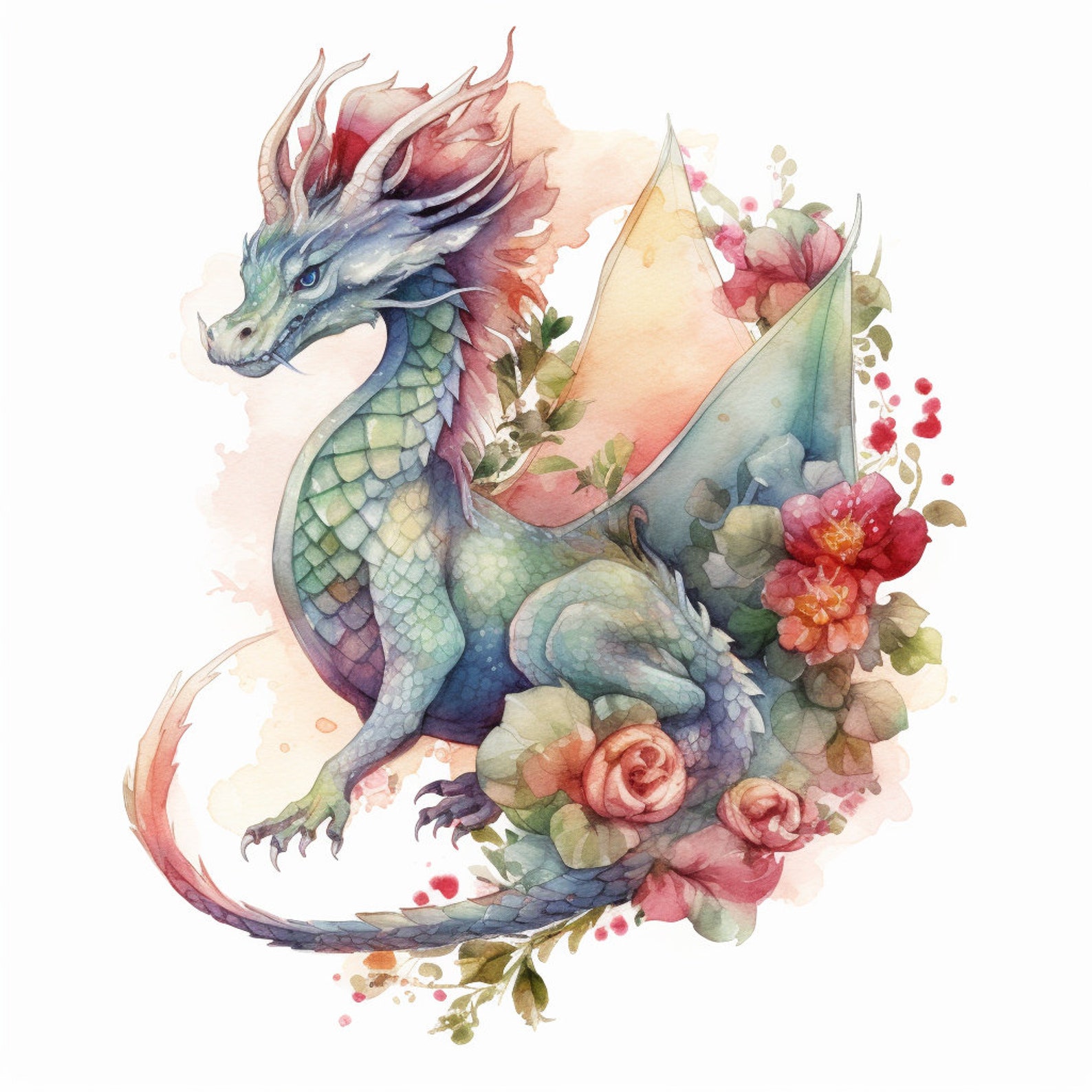 Watercolor Dragon Floral Clipart 9 High Quality Watercolor - Etsy