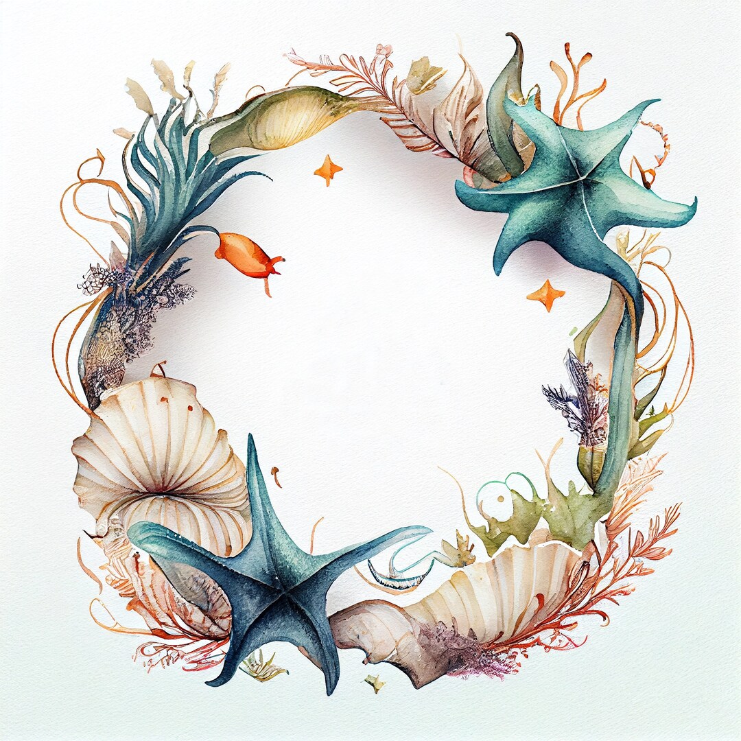Watercolor Seastar Seashell Wreath Clipart, 10 High Quality Seastar ...
