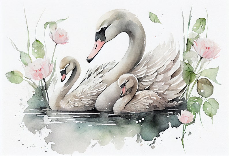 Watercolor Swan Family in Lake Clipart, 9 High Quality Swan Family Jpgs ...