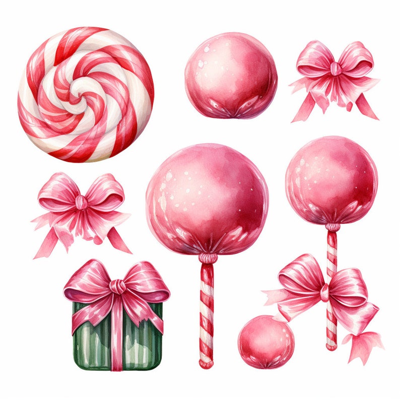 Watercolor Christmas Candy Pink Clipart, 12 High Quality Christmas ...