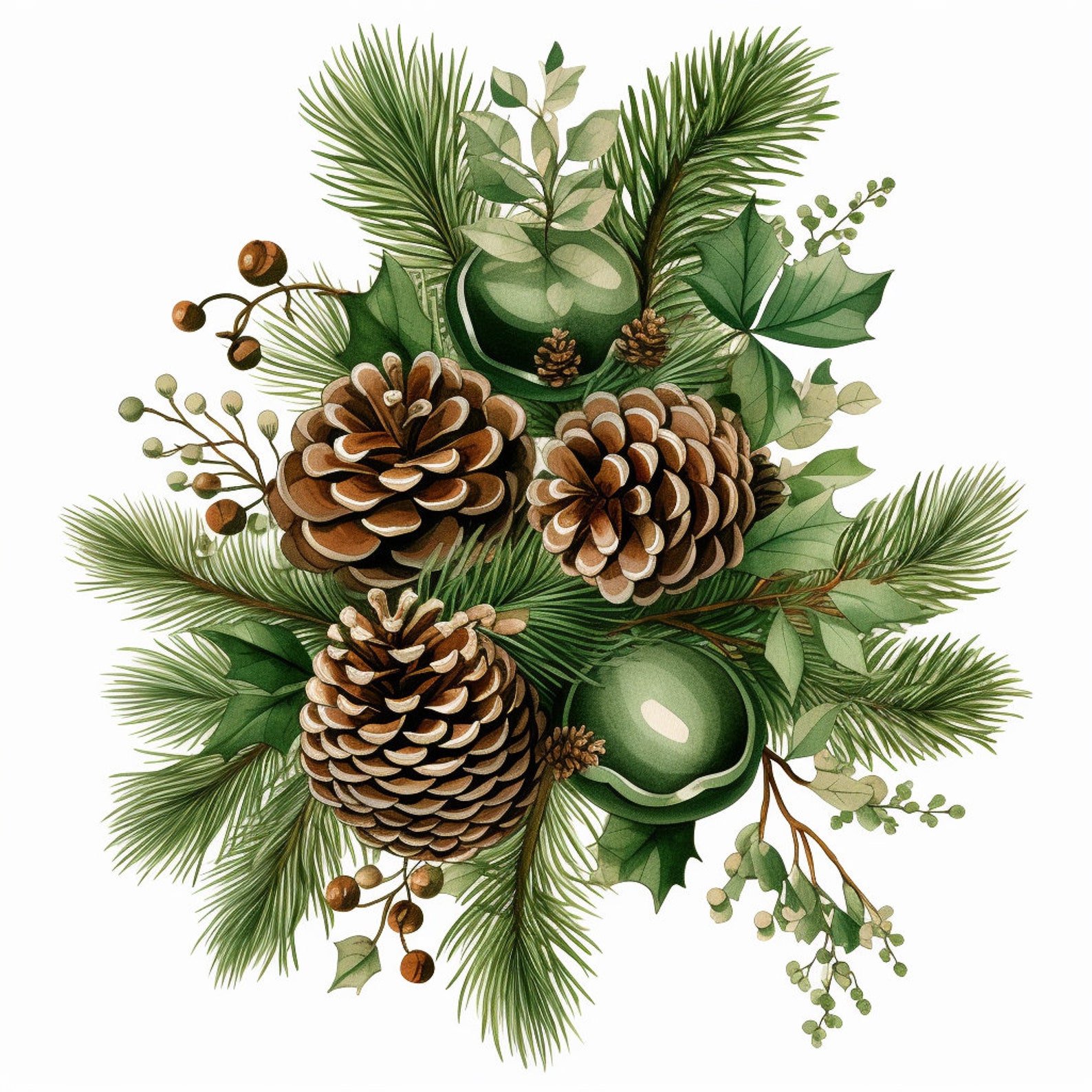 Watercolor Christmas Reef With Pine Cones Clipart, 12 High Quality ...