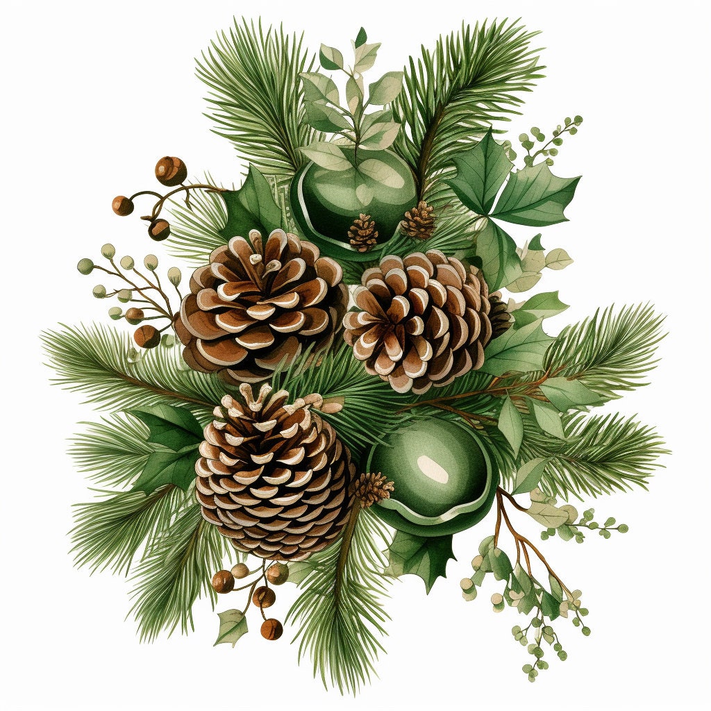 Watercolor Christmas Reef With Pine Cones Clipart, 12 High Quality ...