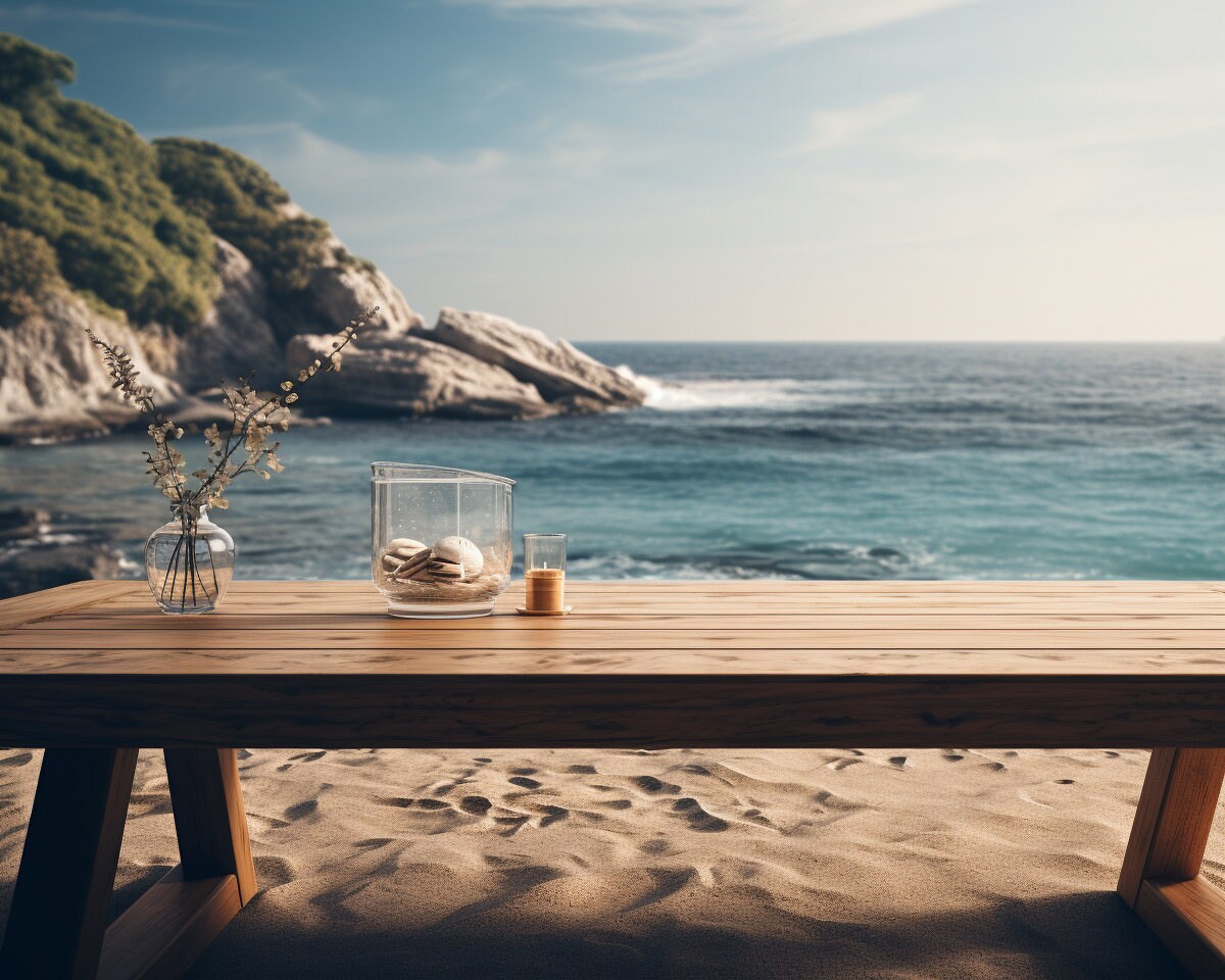 Wooden Table by the Ocean Background Product Mockup, 9 High Quality ...