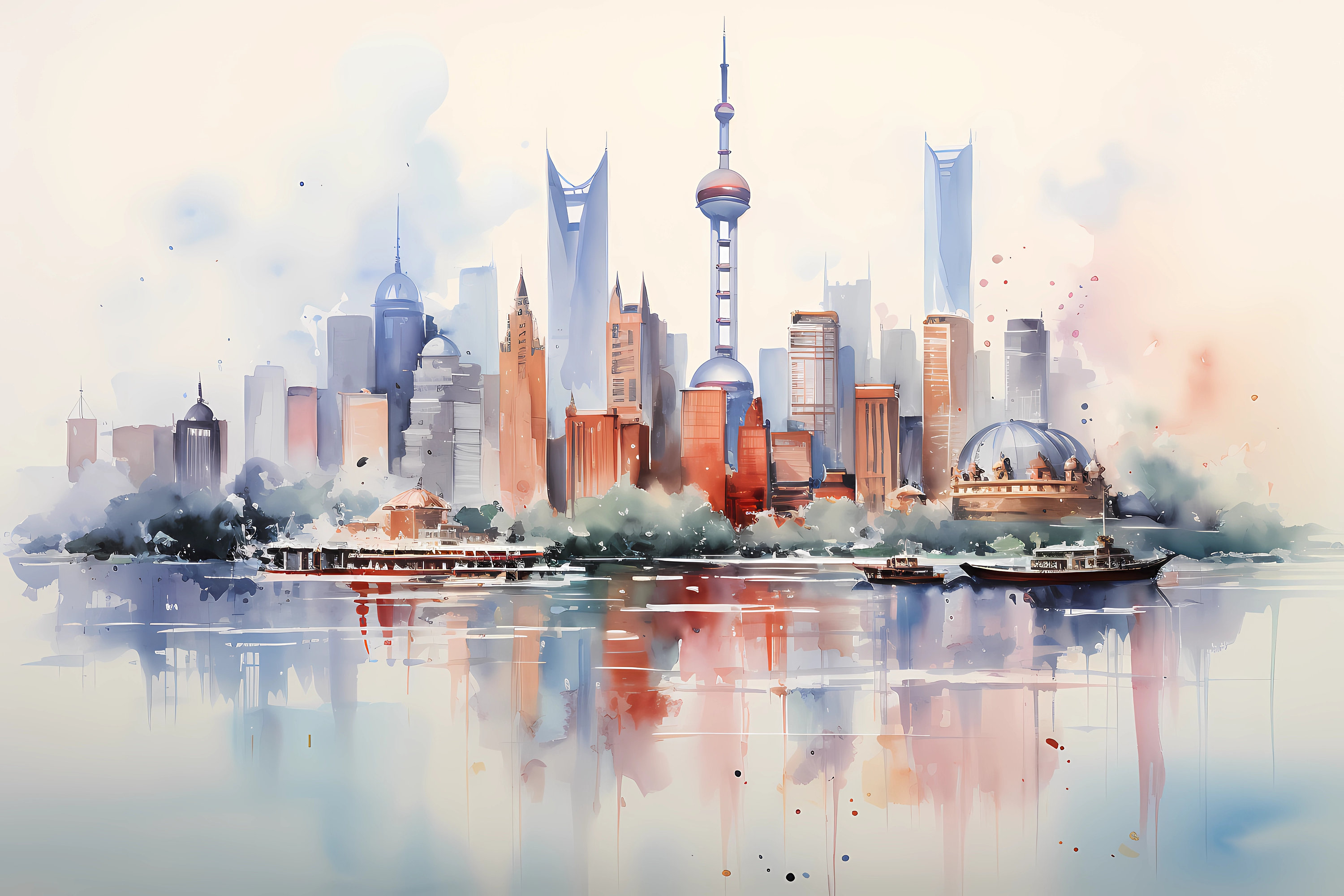 Watercolor Shanghai Skyline Clipart, 10 High Quality Shanghai Skyline ...