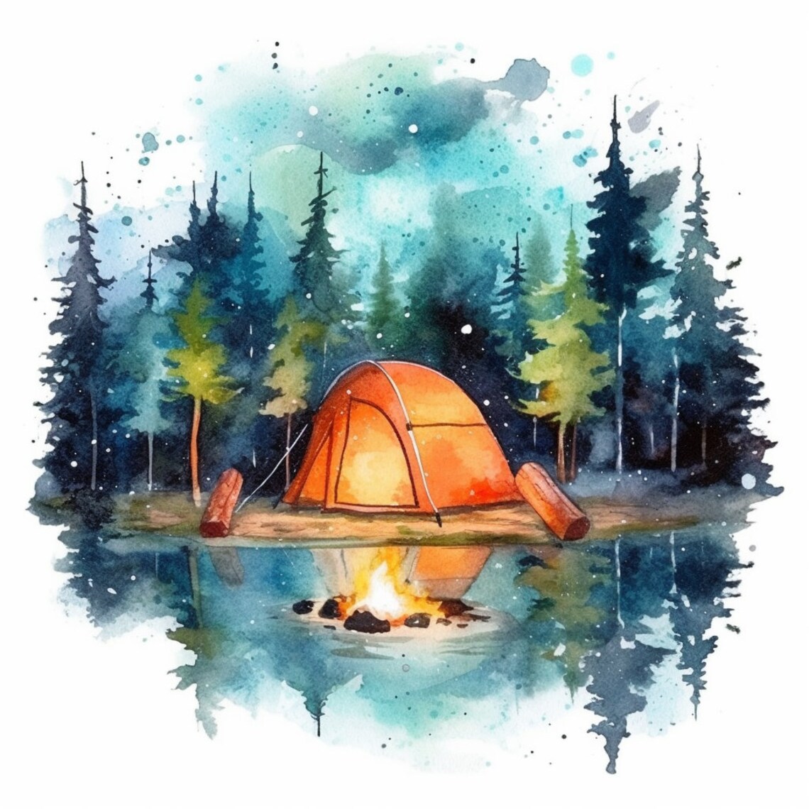 Watercolor Camping Wilderness Campfire Clipart, 12 High Quality Camping ...