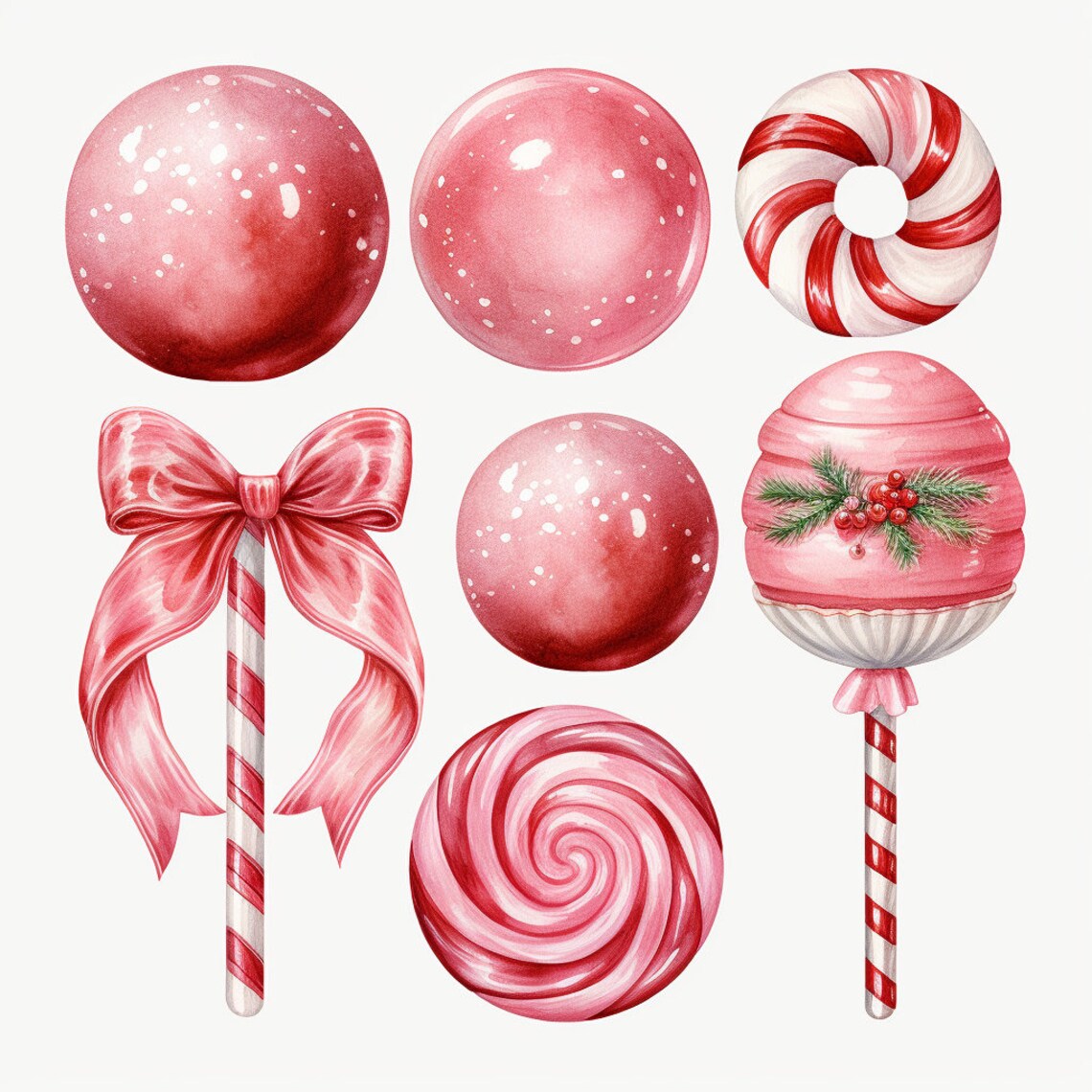 Watercolor Christmas Candy Pink Clipart, 12 High Quality Christmas ...