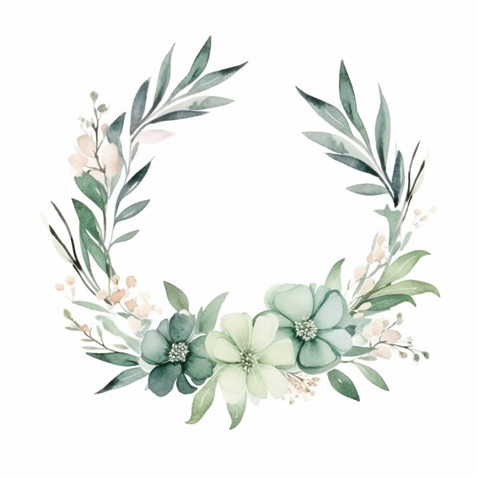 Watercolor Green Floral Wreath Clipart, 12 High Quality Green Floral ...