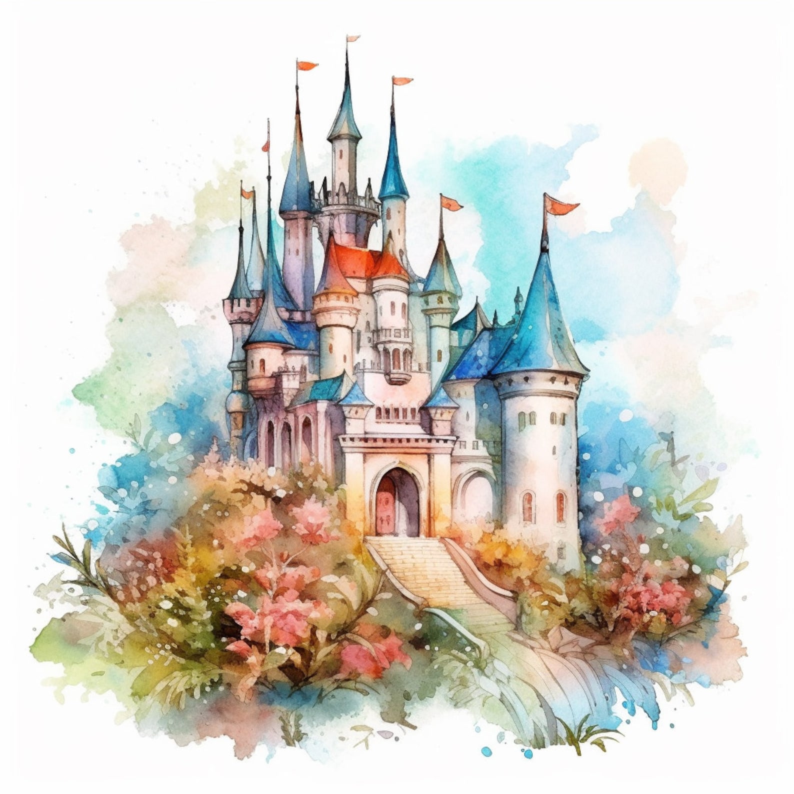 Watercolor Enchanted Castle Clipart, 10 High Quality Watercolor ...