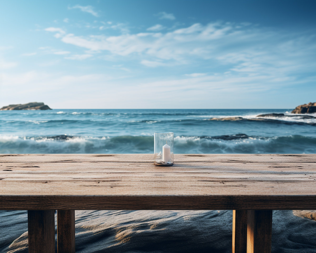 Wooden Table by the Ocean Background Product Mockup, 9 High Quality ...