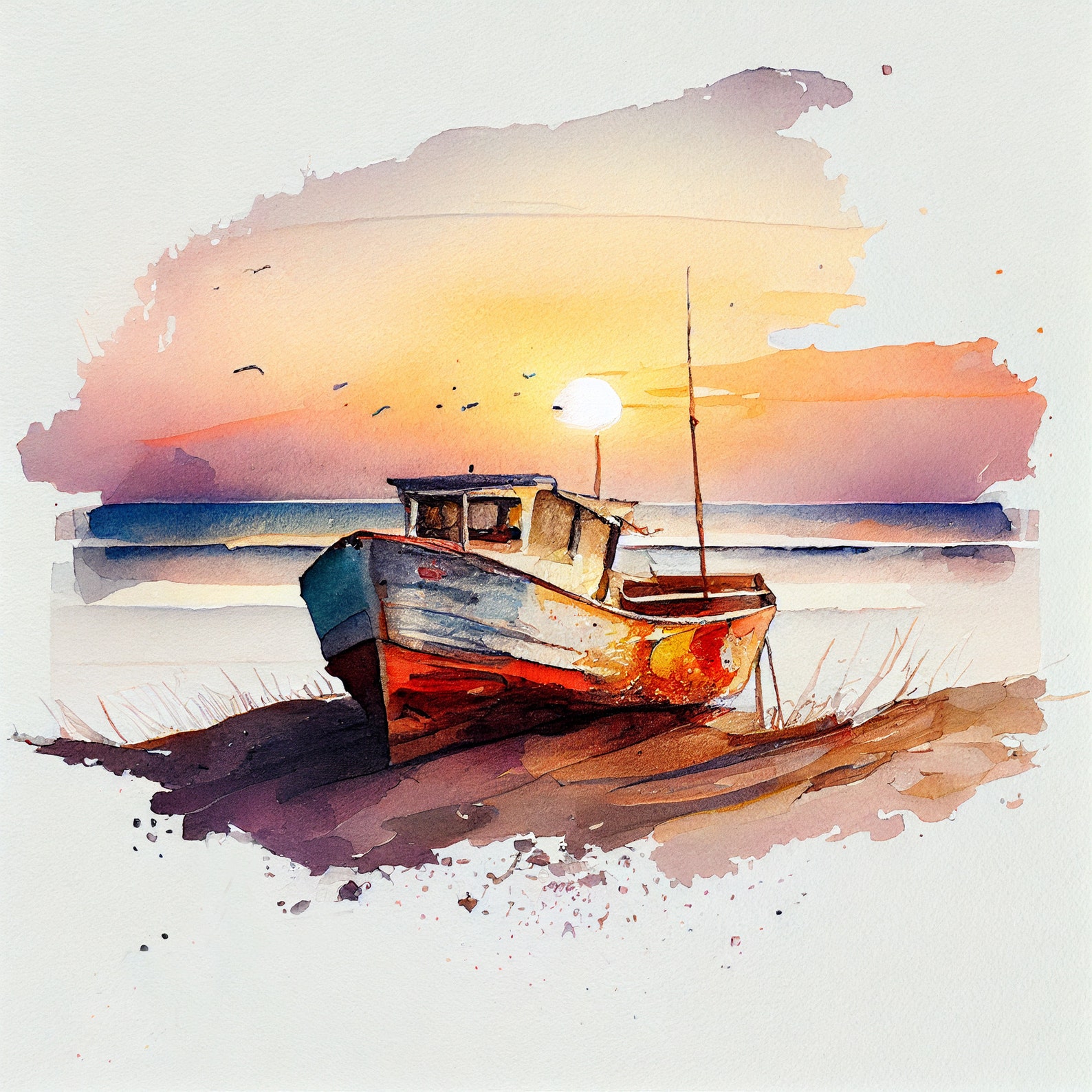 Watercolor Boat on the Beach Clipart, 8 High Quality Unrise Over the ...