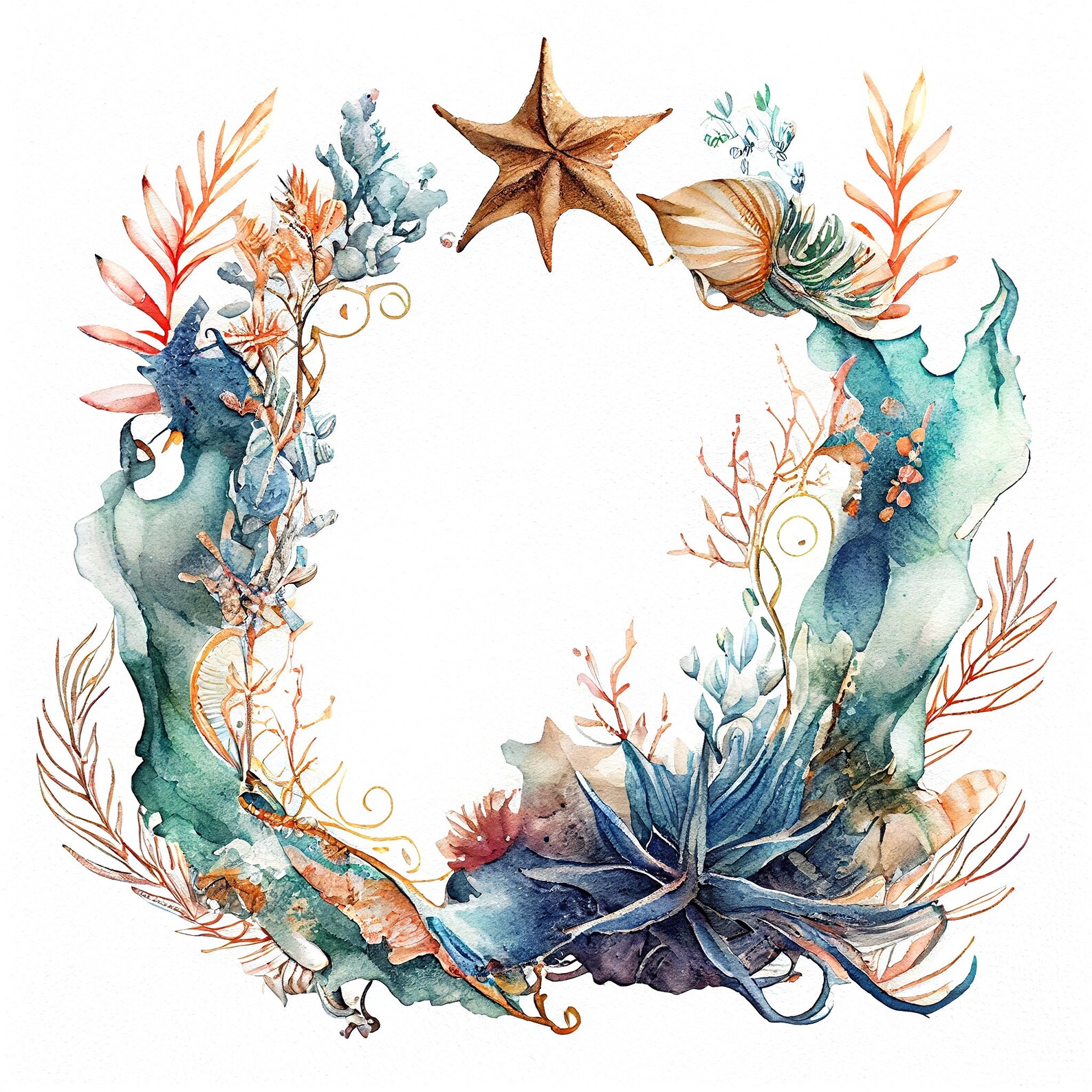 Watercolor Seastar Seashell Wreath Clipart, 10 High Quality Seastar ...