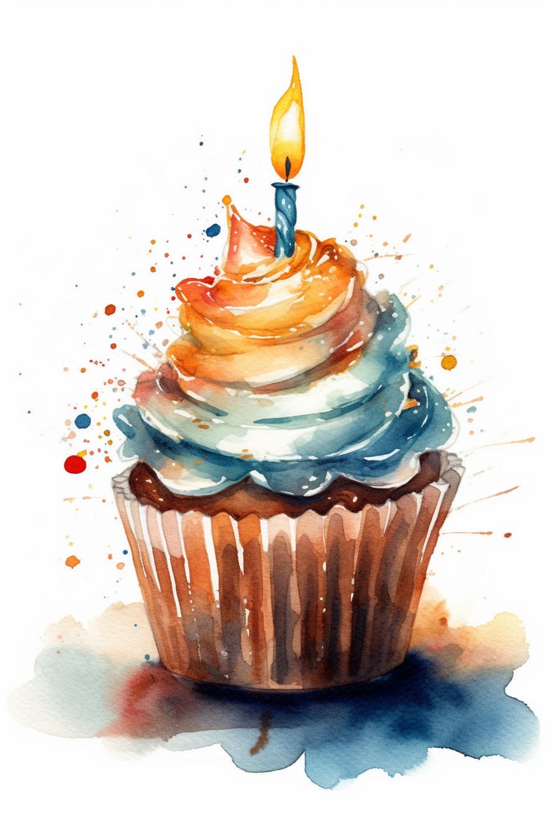 Watercolor Birthday Cupcake With Candle Clipart, 12 High Quality ...
