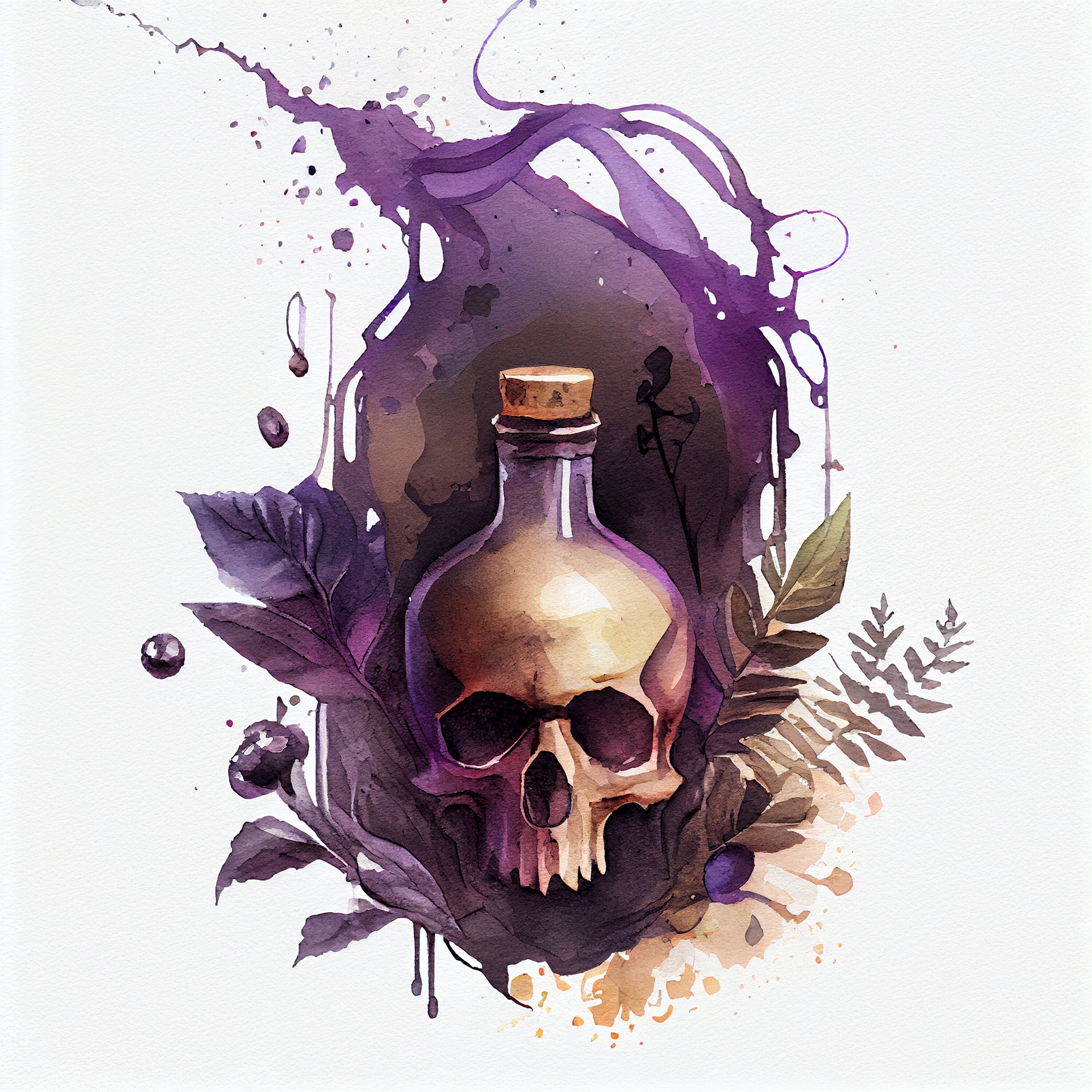 Watercolor Gothic Skull Potion Clipart, 8 High Quality Watercolor ...