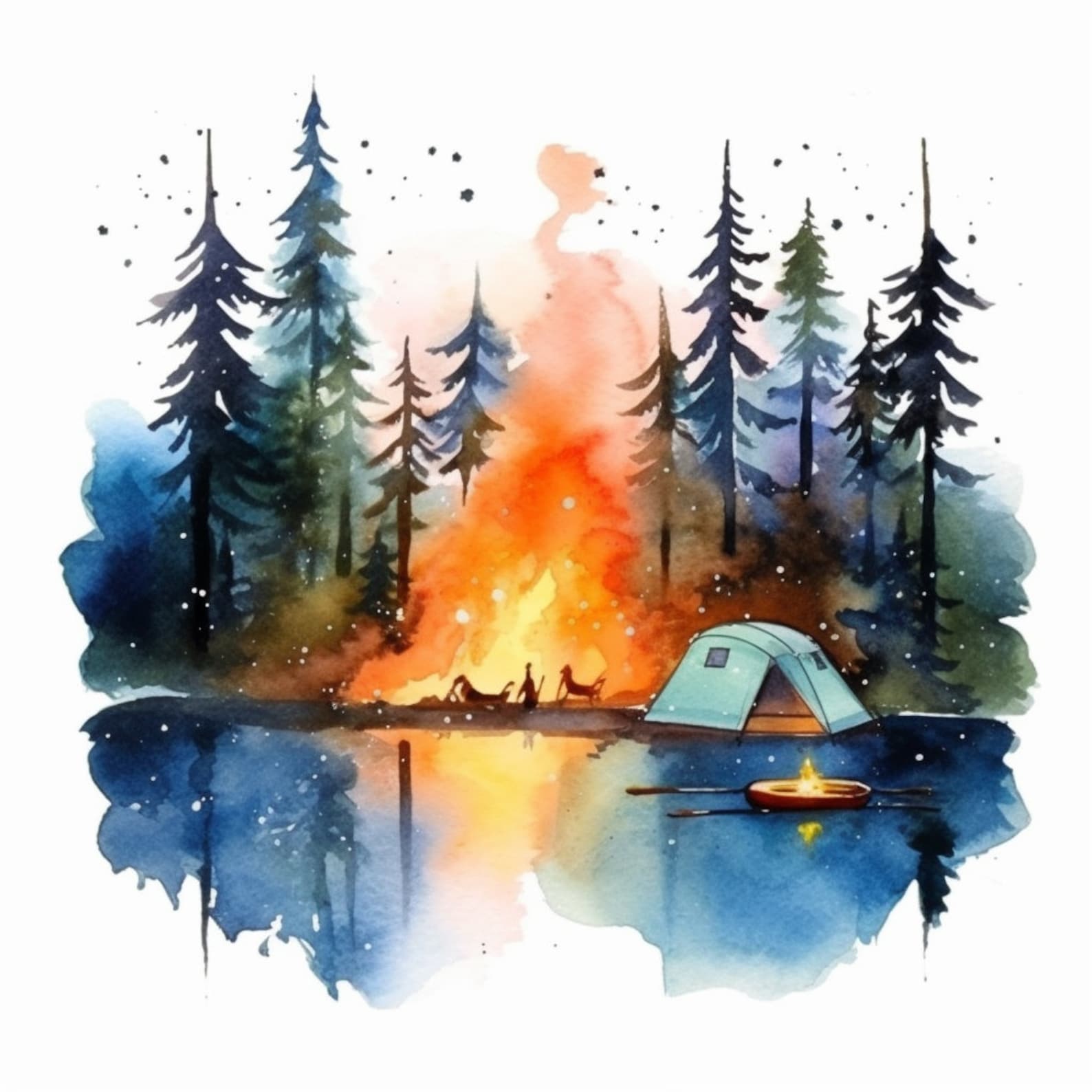Watercolor Camping Wilderness Campfire Clipart, 12 High Quality Camping ...