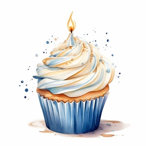 Watercolor Birthday Cupcake With Candle Clipart, 12 High Quality ...