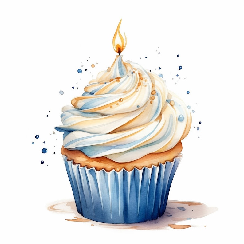 Watercolor Birthday Cupcake With Candle Clipart, 12 High Quality ...