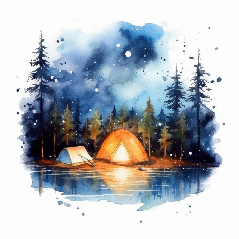 Watercolor Camping Wilderness Campfire Clipart, 12 High Quality Camping ...