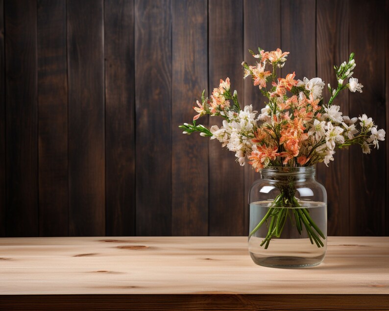 Wood Table & Flowers Background Product Mockup, 10 High Quality Flowers ...