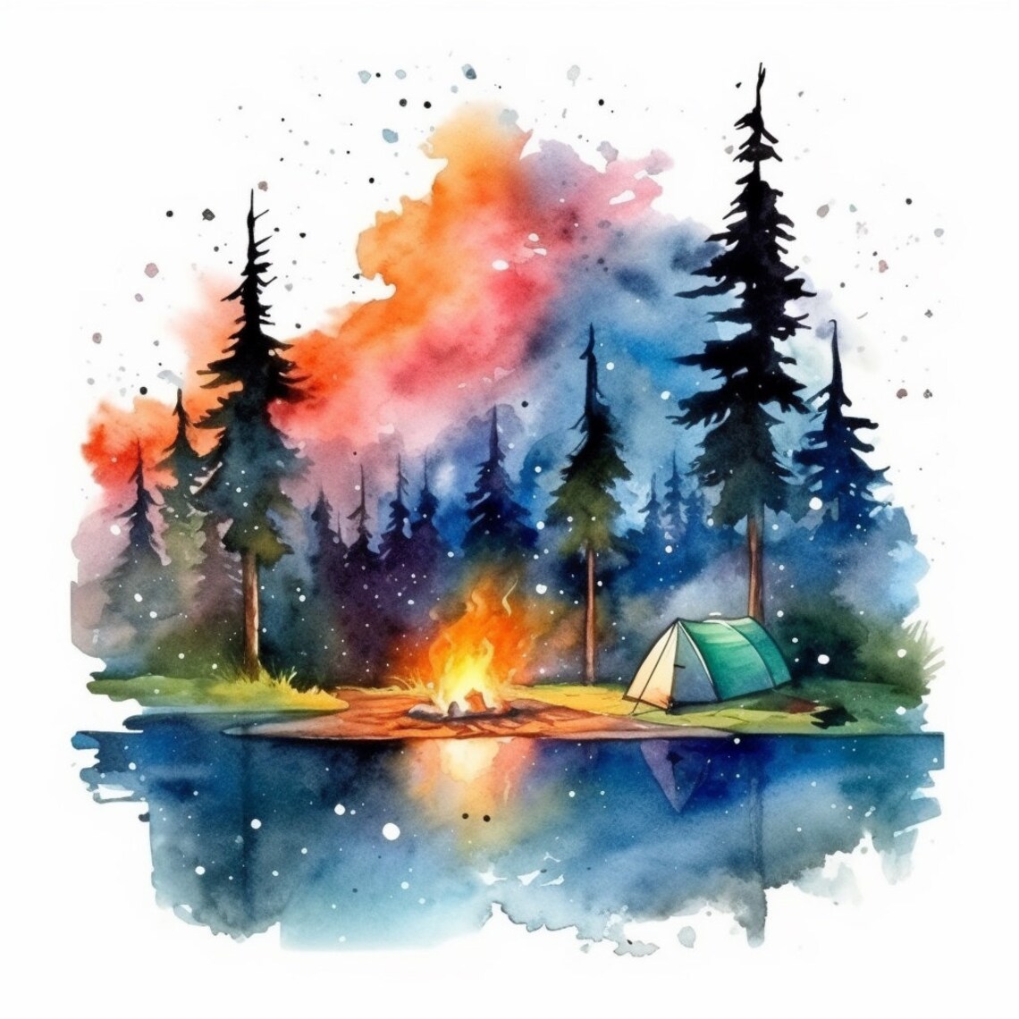 Watercolor Camping Wilderness Campfire Clipart, 12 High Quality Camping ...