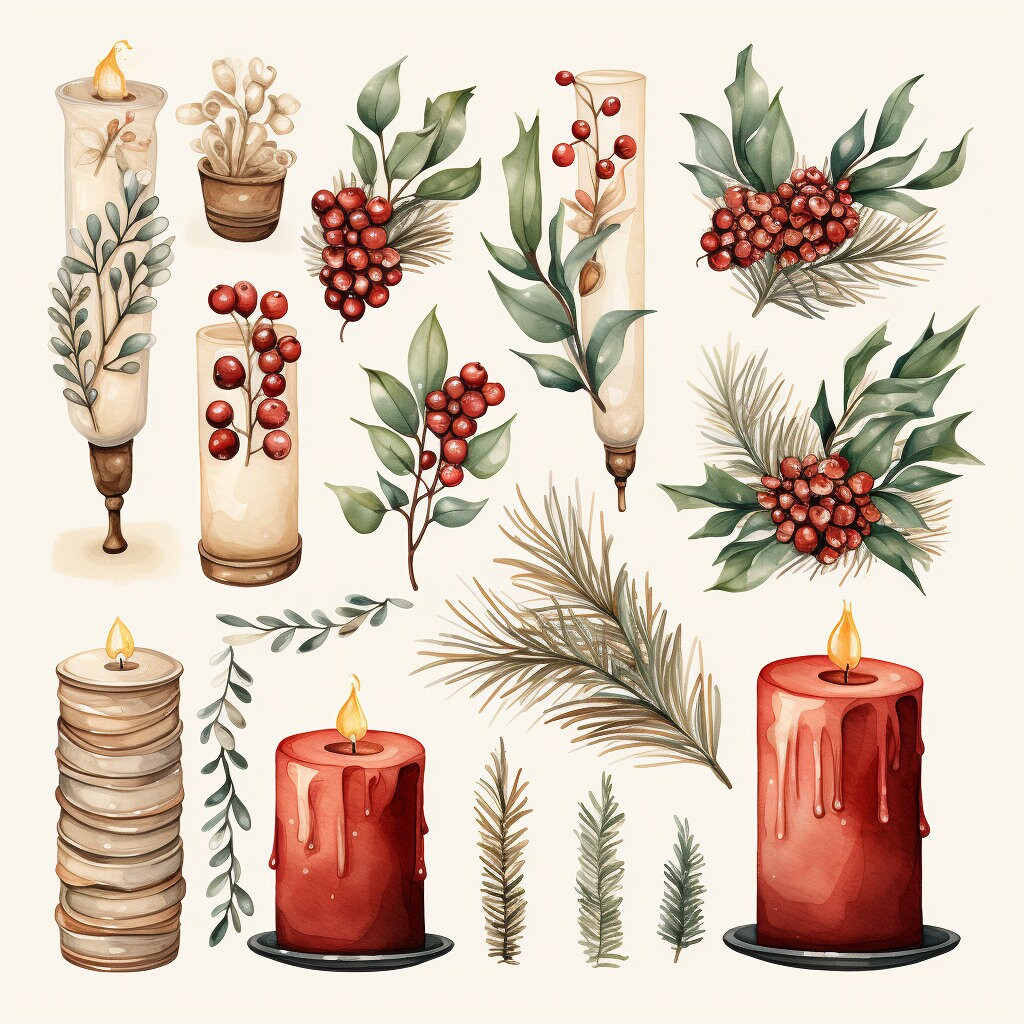 Watercolor Christmas Candle Clipart, 12 High Quality Christmas Candle ...