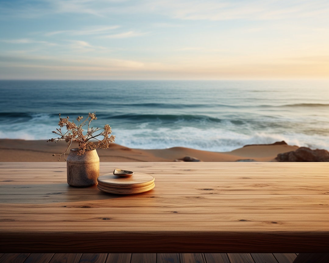 Wooden Table by the Ocean Background Product Mockup, 9 High Quality ...