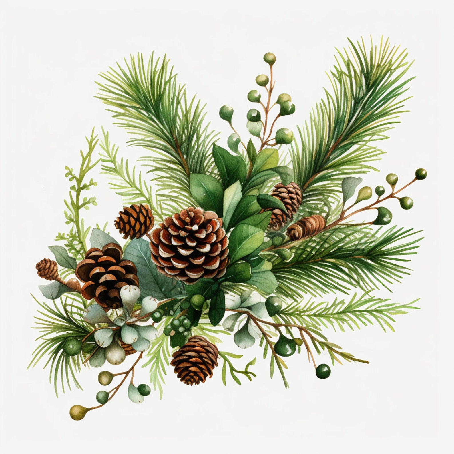 Watercolor Christmas Reef With Pine Cones Clipart, 12 High Quality ...
