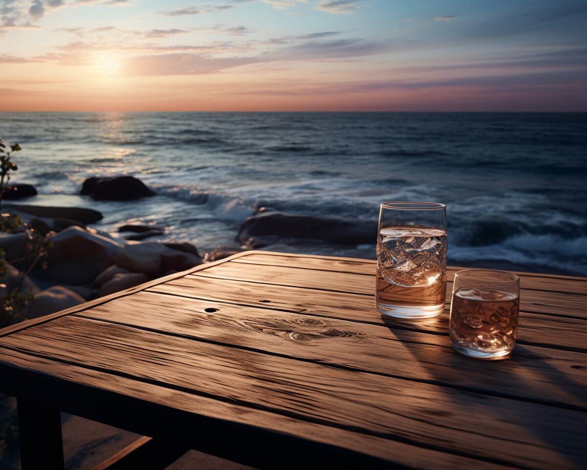 Wooden Table by the Ocean Background Product Mockup, 9 High Quality ...