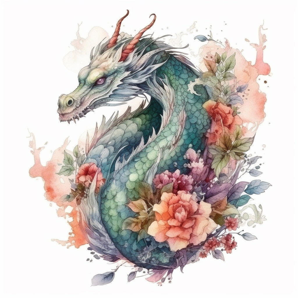 Watercolor Dragon Floral Clipart 9 High Quality Watercolor - Etsy