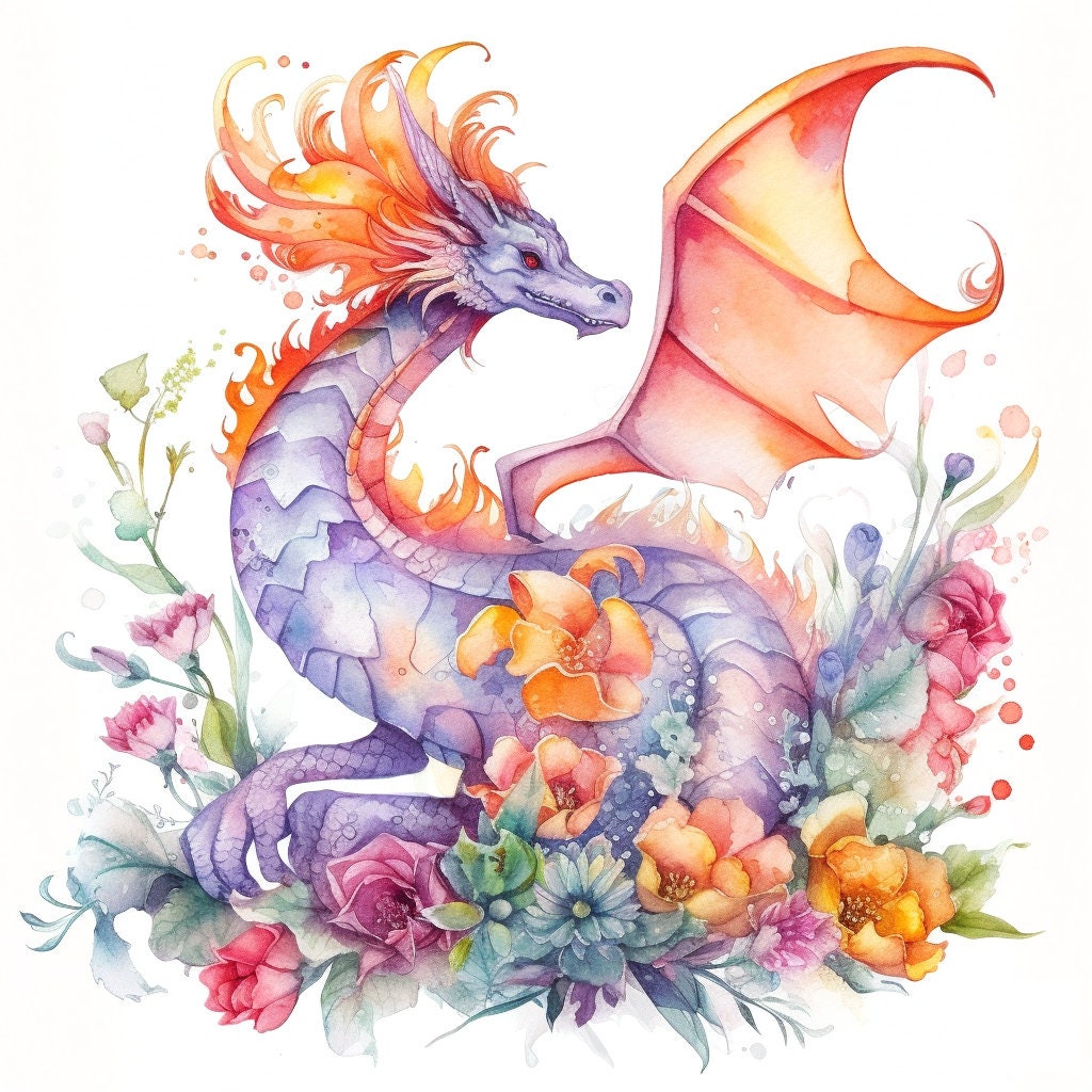 Watercolor Dragon Floral Clipart 9 High Quality Watercolor - Etsy