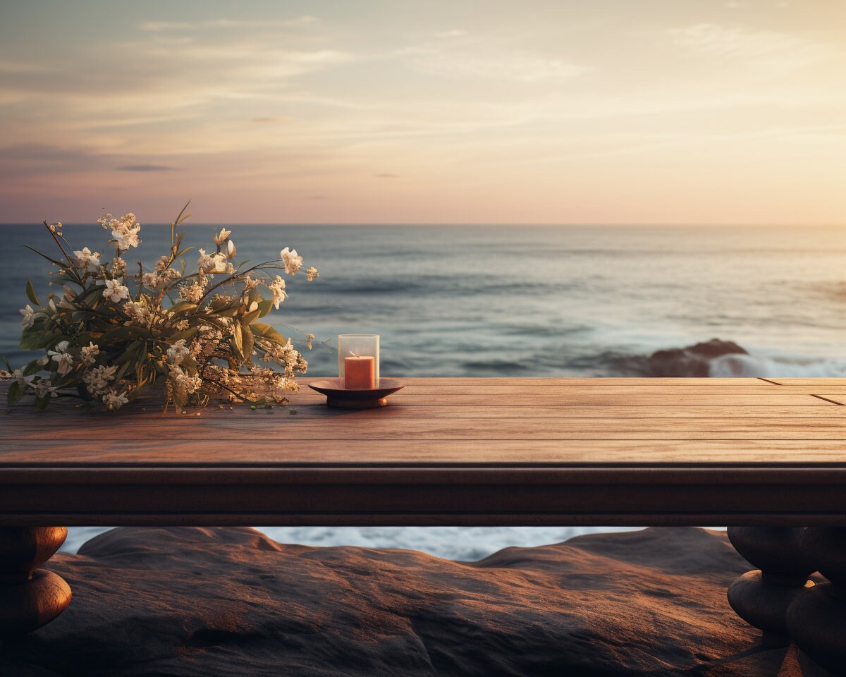 Wooden Table by the Ocean Background Product Mockup, 9 High Quality ...