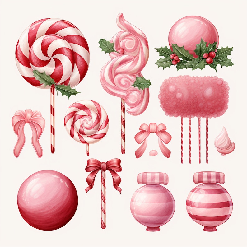 Watercolor Christmas Candy Pink Clipart, 12 High Quality Christmas ...