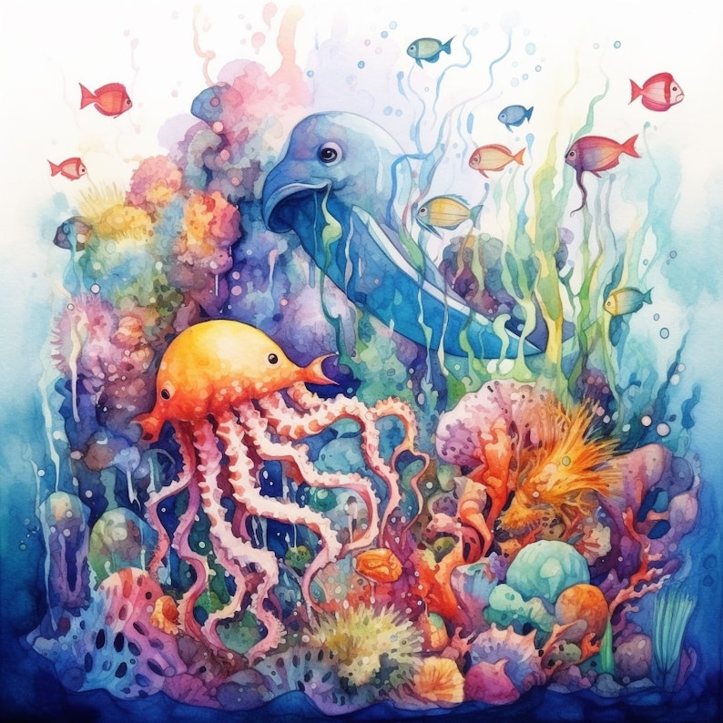 Watercolor Sea Life Colorful Clipart, 9 High Quality Sea Life Colorful ...