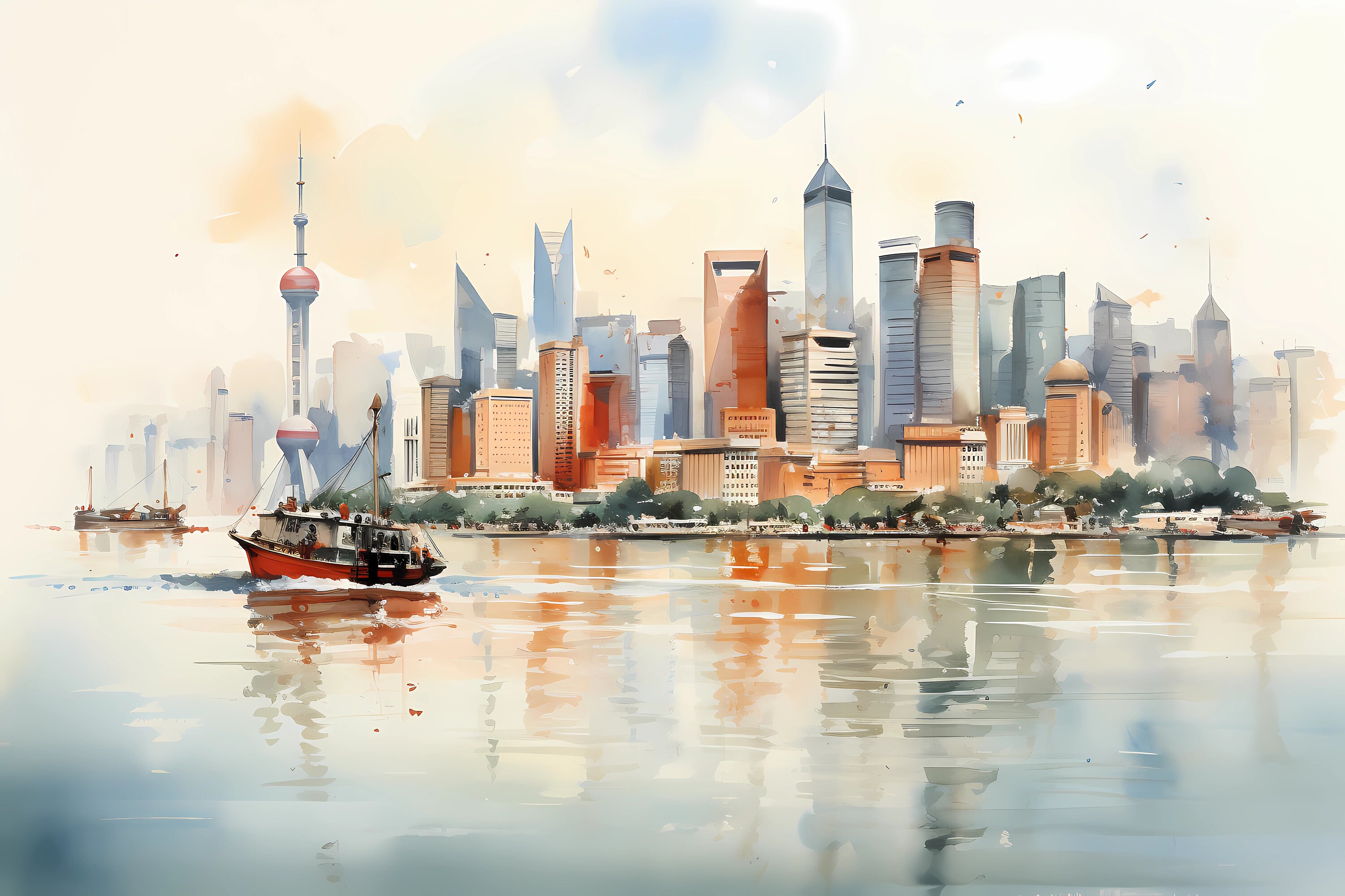 Watercolor Shanghai Skyline Clipart, 10 High Quality Shanghai Skyline ...