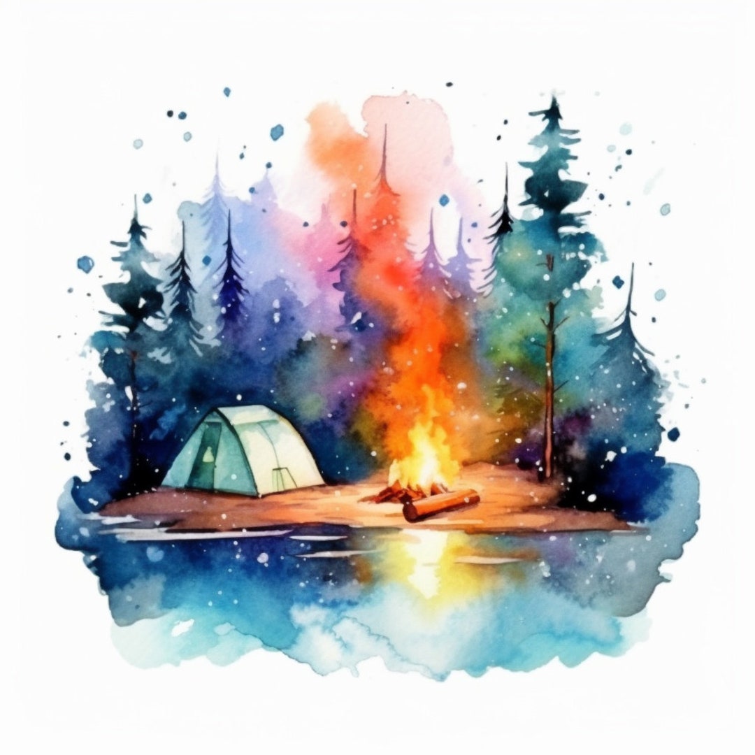 Watercolor Camping Wilderness Campfire Clipart, 12 High Quality Camping ...