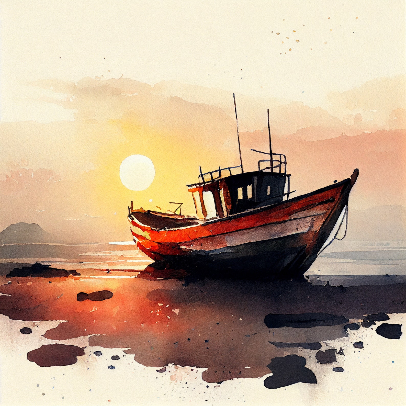 Watercolor Boat on the Beach Clipart, 8 High Quality Unrise Over the ...