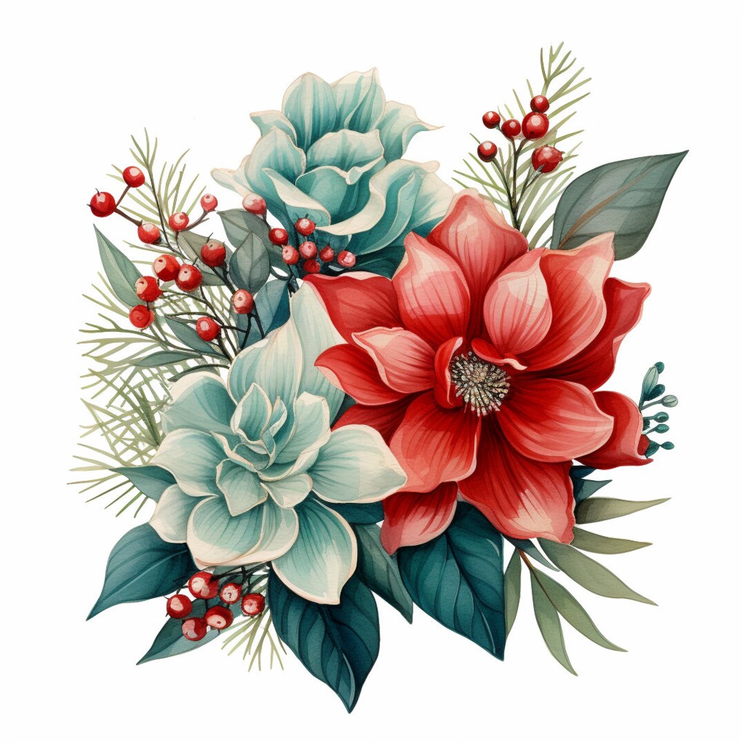 Watercolor Christmas Floral Clipart, 12 High Quality Christmas Floral ...