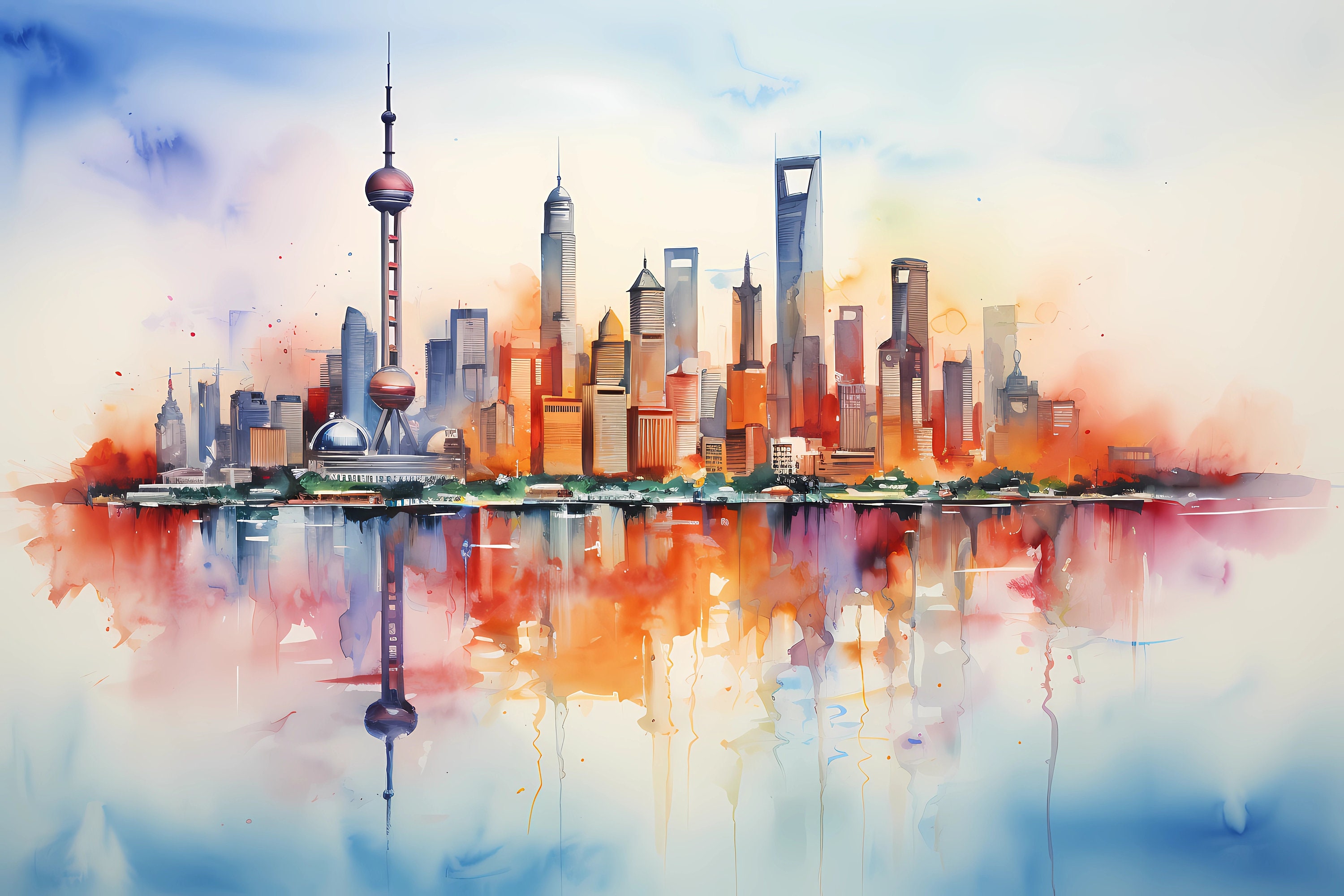 Watercolor Shanghai Skyline Clipart, 10 High Quality Shanghai Skyline ...