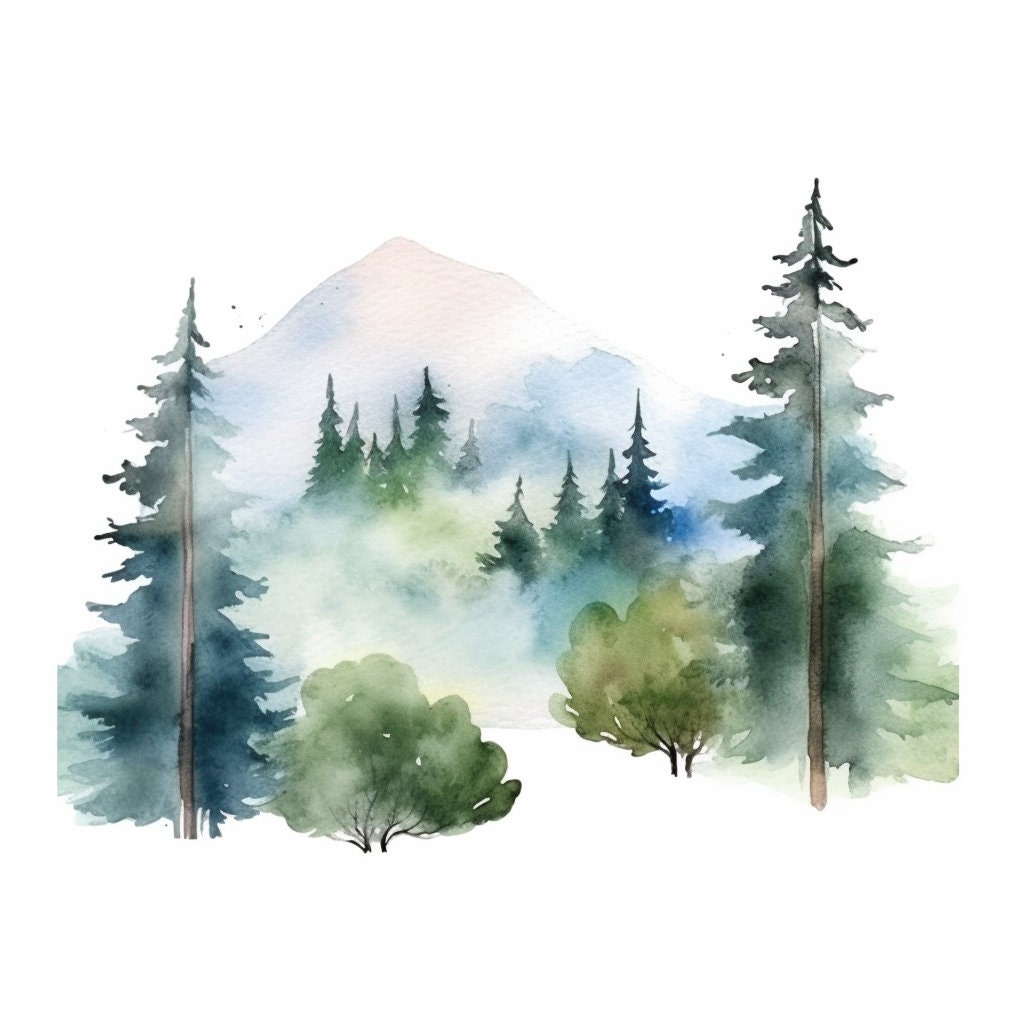 Watercolor Mountains Forest Trees Clipart, 10 High Quality Mountains ...