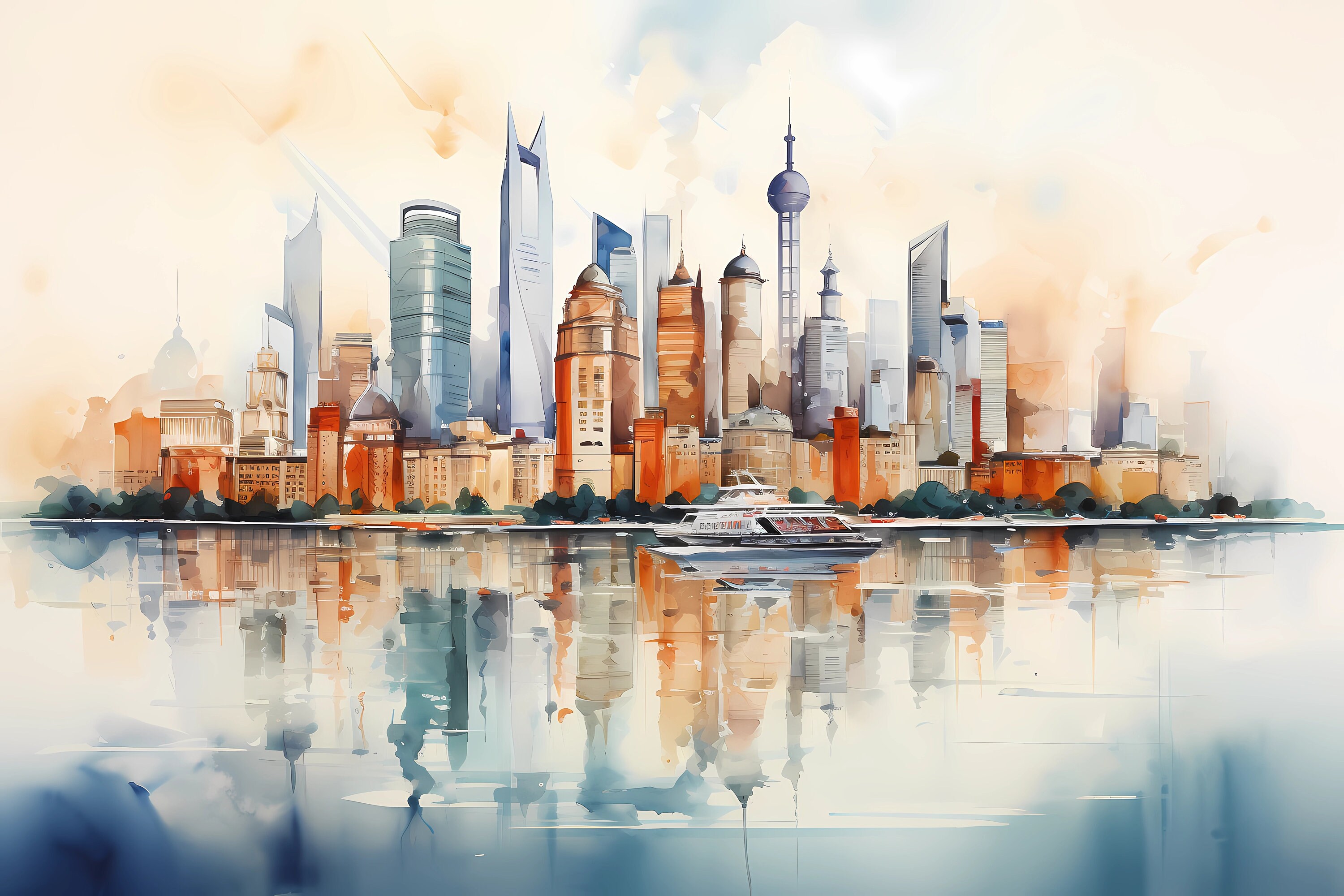 Watercolor Shanghai Skyline Clipart, 10 High Quality Shanghai Skyline ...