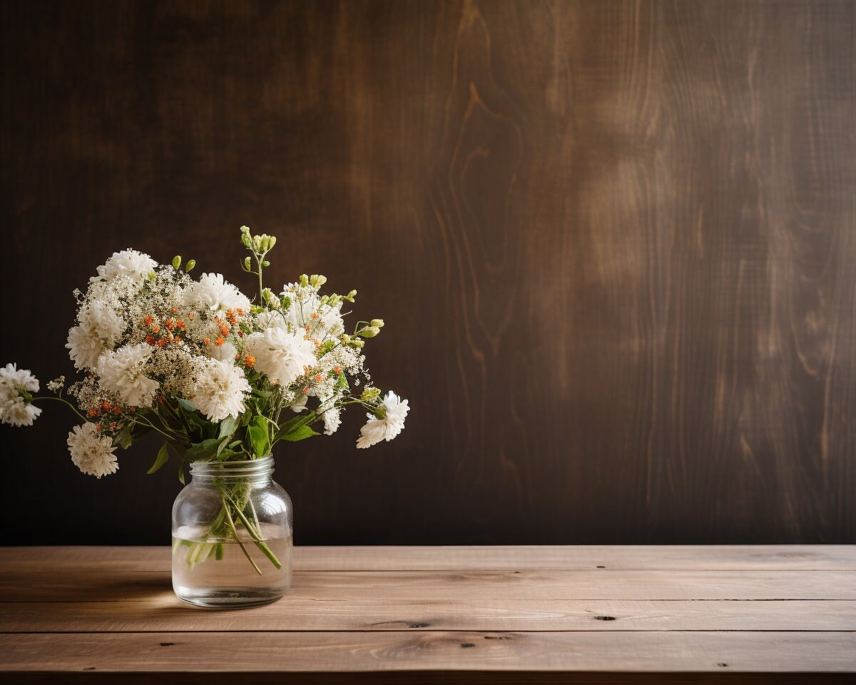 Wood Table & Flowers Background Product Mockup, 10 High Quality Flowers ...