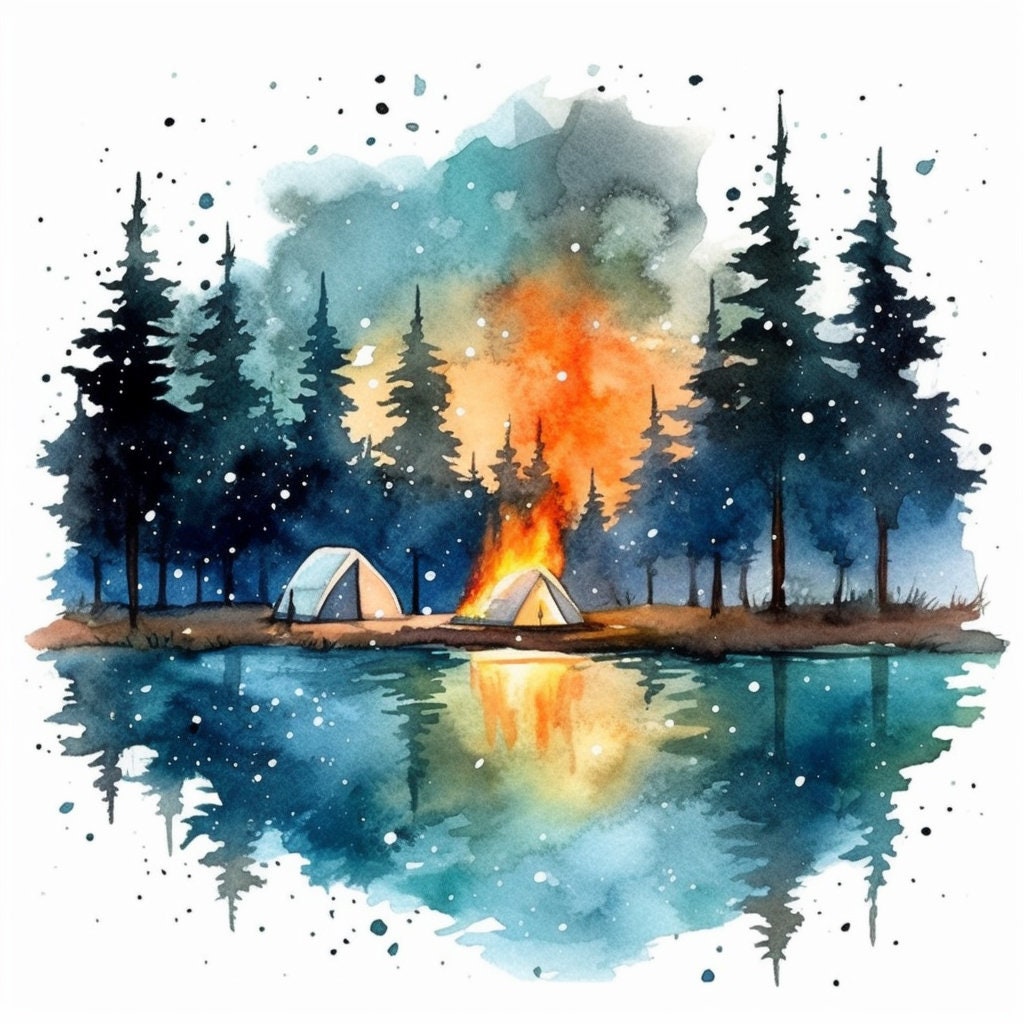 Watercolor Camping Wilderness Campfire Clipart, 12 High Quality Camping ...