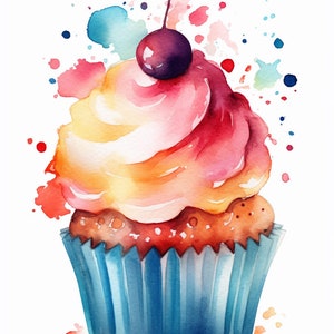 Watercolor Birthday Cupcake With Candle Clipart, 12 High Quality ...