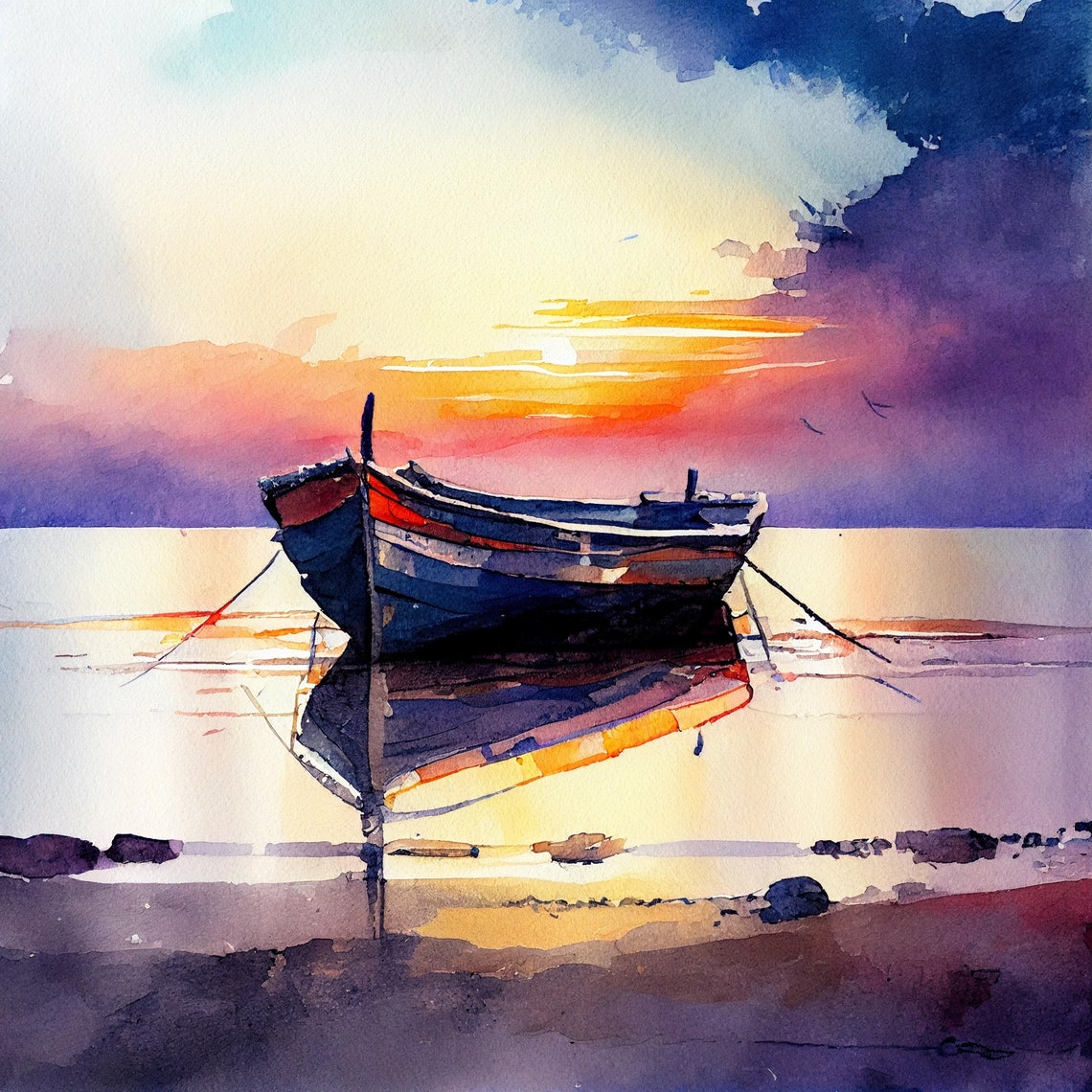 Watercolor Boat on the Beach Clipart, 8 High Quality Unrise Over the ...