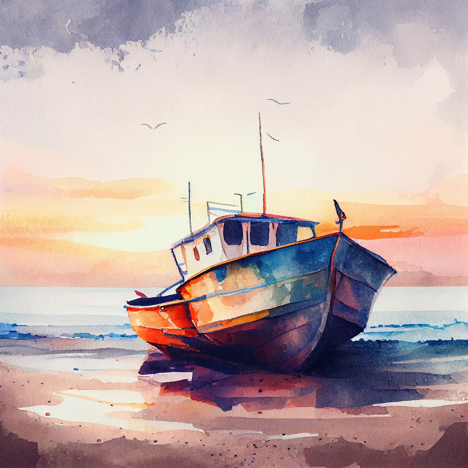 Watercolor Boat on the Beach Clipart, 8 High Quality Unrise Over the ...