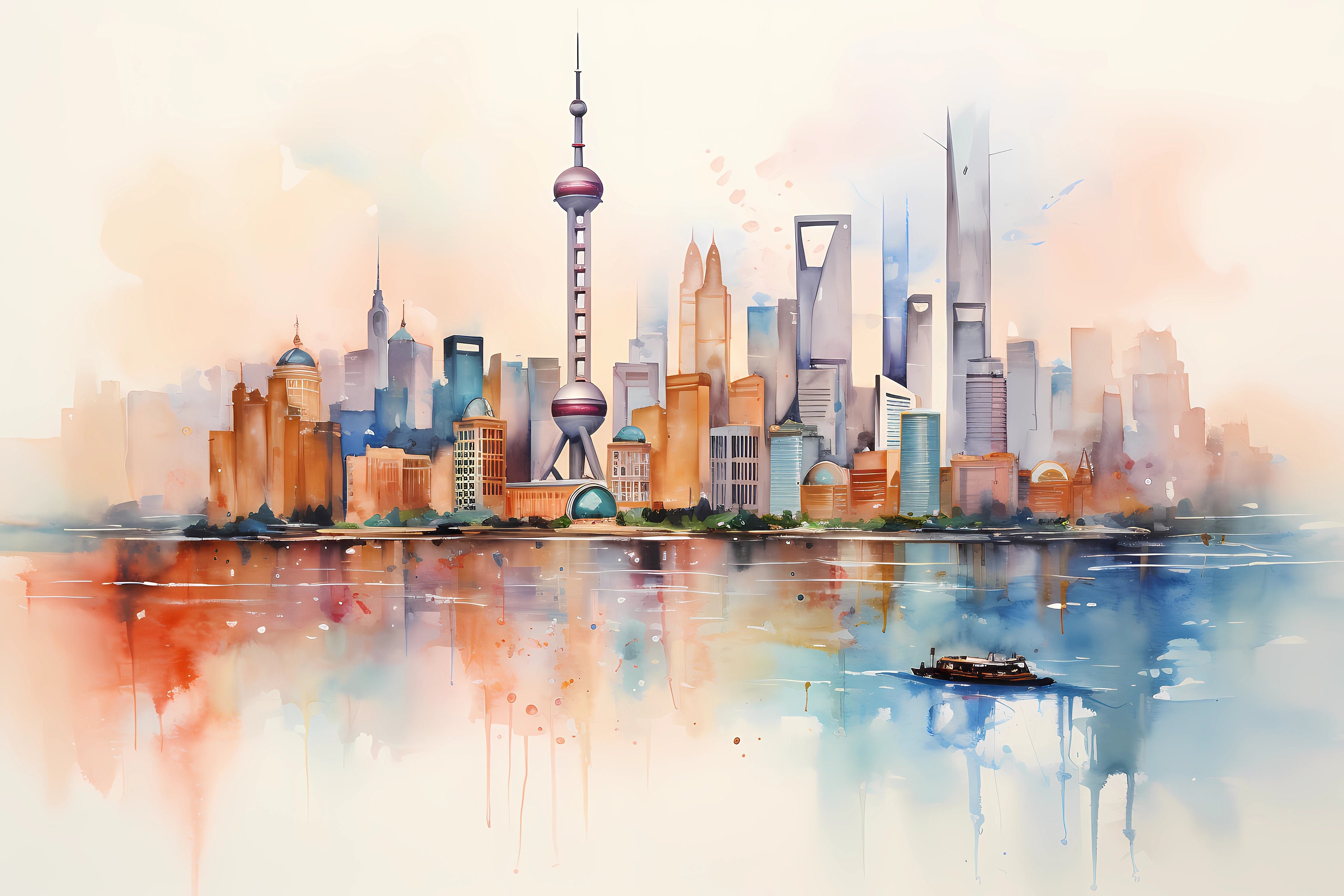 Watercolor Shanghai Skyline Clipart, 10 High Quality Shanghai Skyline ...