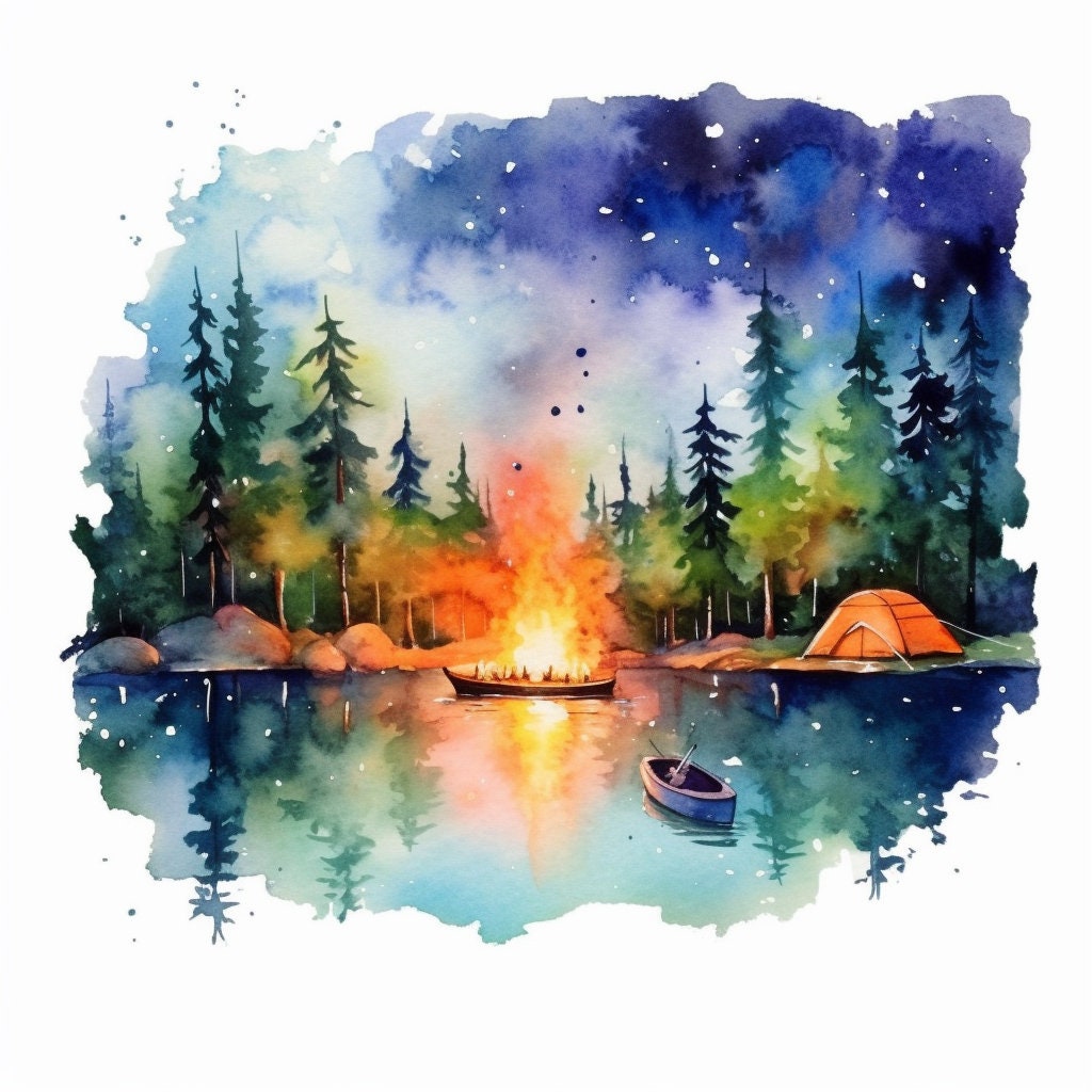 Watercolor Camping Wilderness Campfire Clipart, 12 High Quality Camping ...