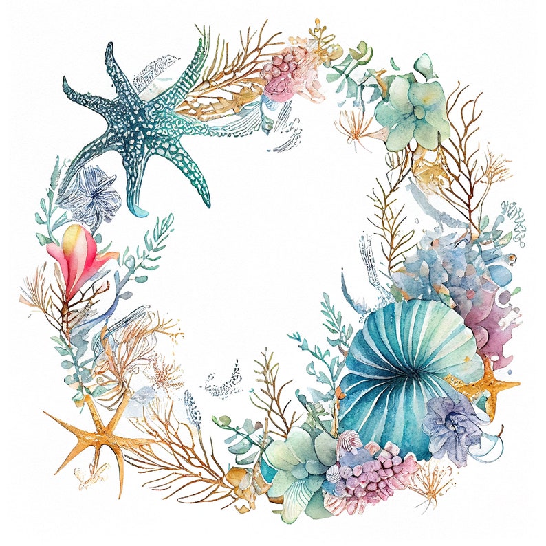 Watercolor Seastar Seashell Wreath Clipart 10 High Quality - Etsy